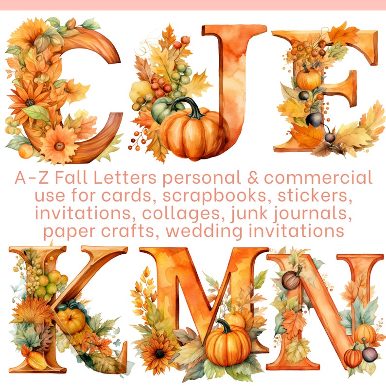 Watercolor Fall Alphabet Clipart: Floral Pumpkin Letters (PNG Digital ...