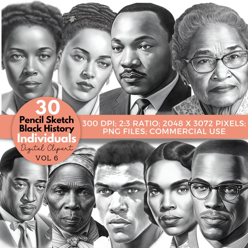 Black History Month PNG Art: Pencil Sketch Portraits (digital Download ...