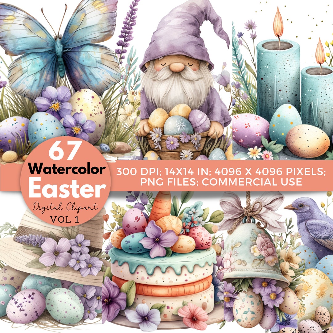 Watercolor Easter Clipart Bundle: Bunny, Eggs, Basket (PNG, Commercial ...