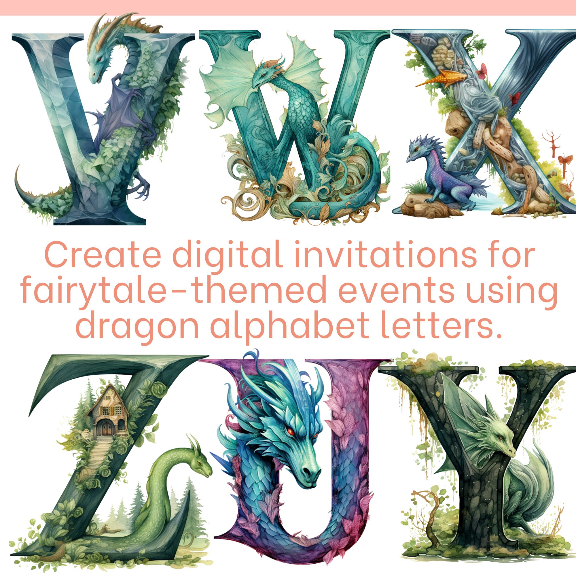 Dragon Alphabet Letters: Fairy Tale Bulletin Board Clipart (PNG Digital ...