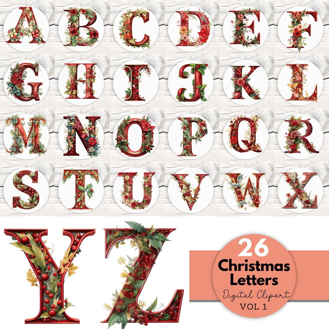 Christmas Letters Clipart: Floral Alphabet PNG Files (digital Download ...