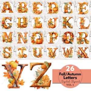 Watercolor Fall Alphabet Clipart: Floral Pumpkin Letters (PNG Digital ...