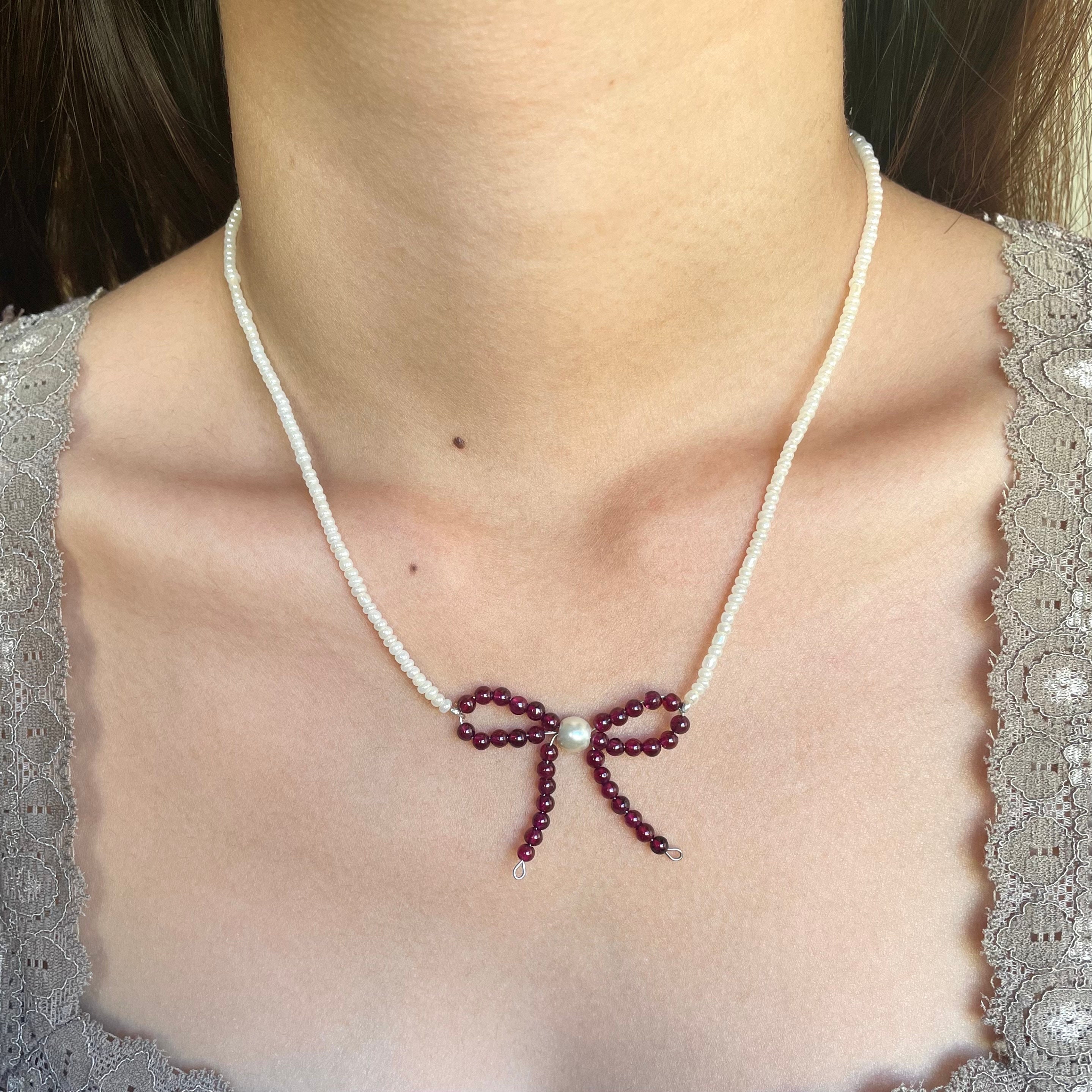 Beaded Bow Neacklace ౨ৎ Coquette Dainty Adjustable Bow Necklace - Etsy