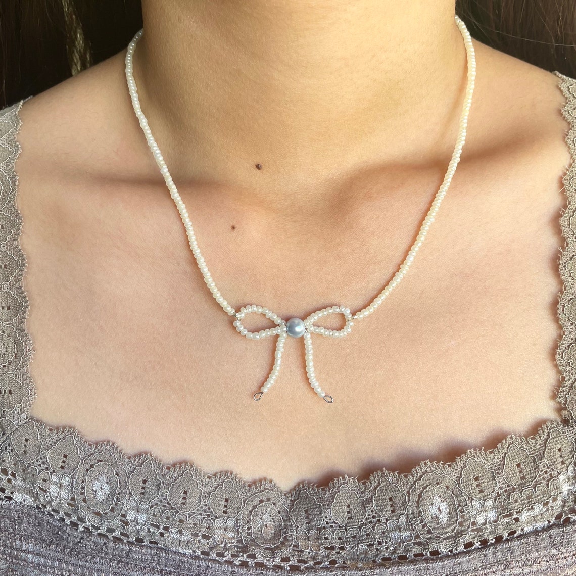 Beaded Bow Neacklace ౨ৎ Coquette Dainty Adjustable Bow Necklace - Etsy