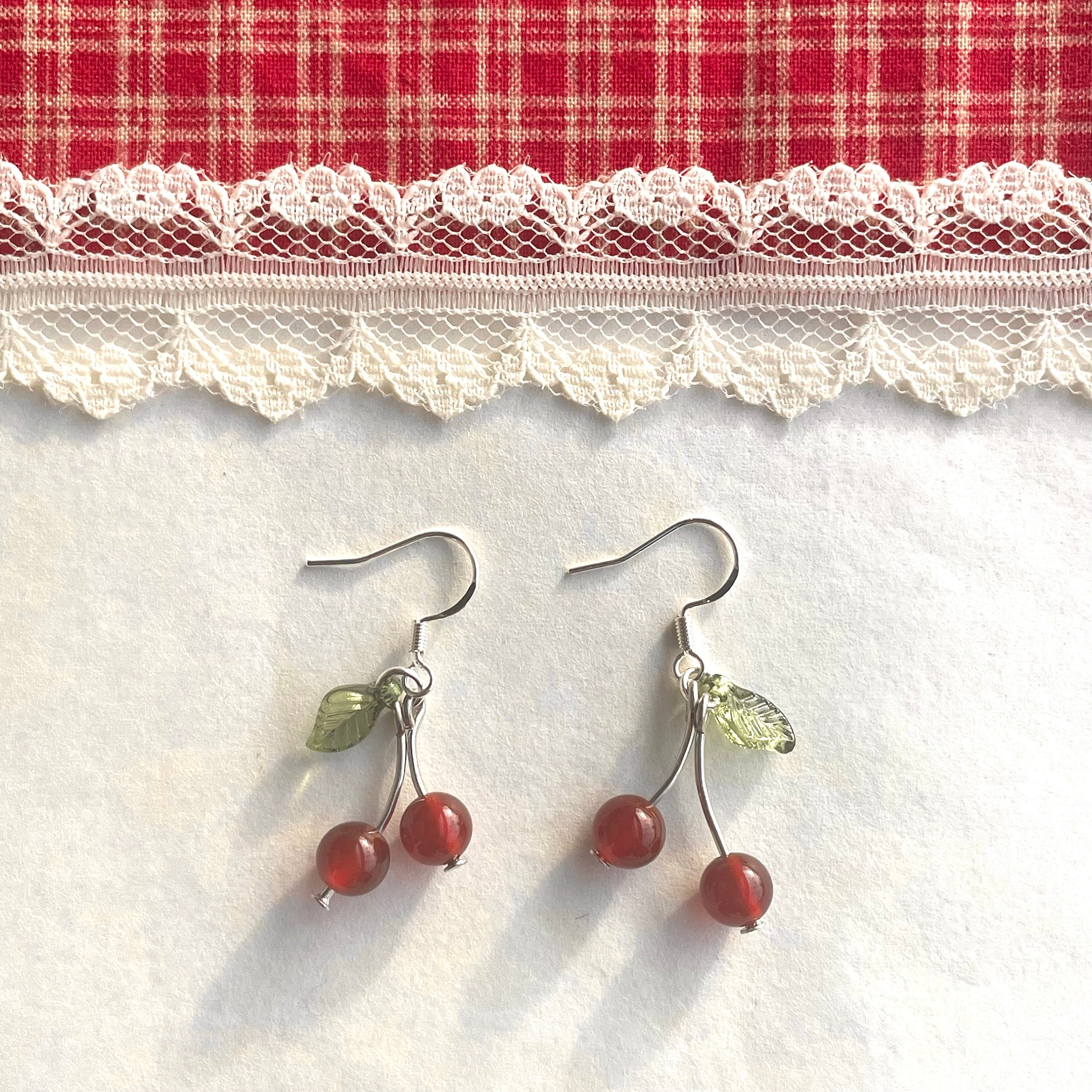 Cherry Bomb Earrings Handmade Cherry Beaded Earrings With Sterling Silver Plated Hooks - Etsy