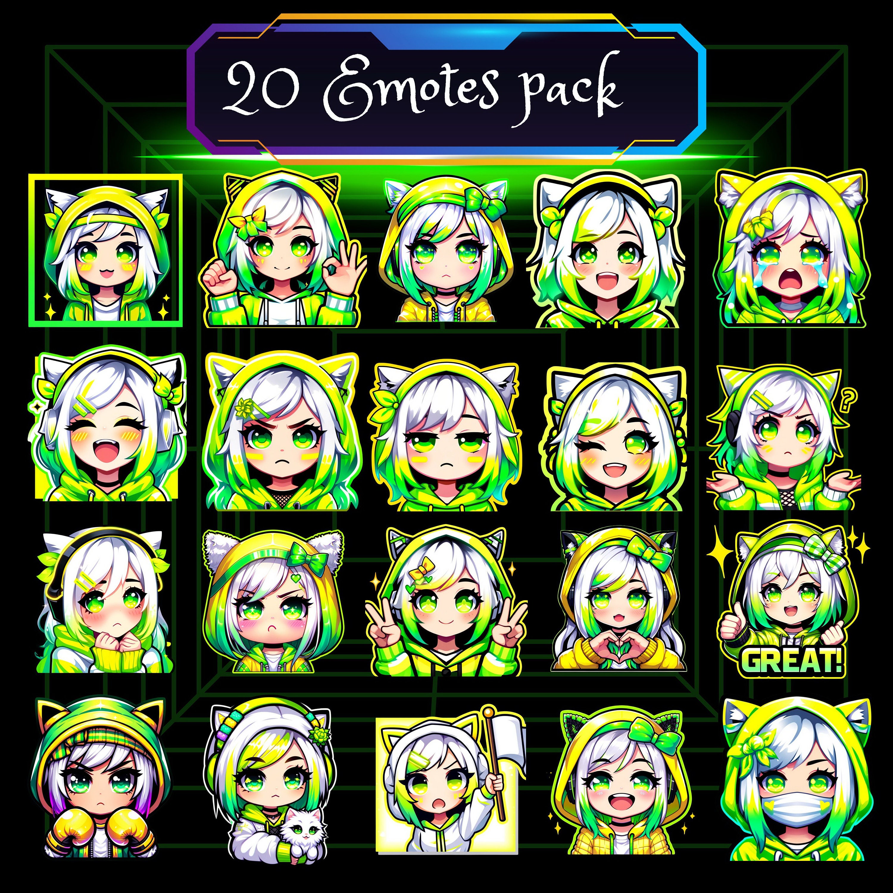 Twitch Emotes Cute Green Neon Girl 20 Emotes Pack Multiple Size . - Etsy