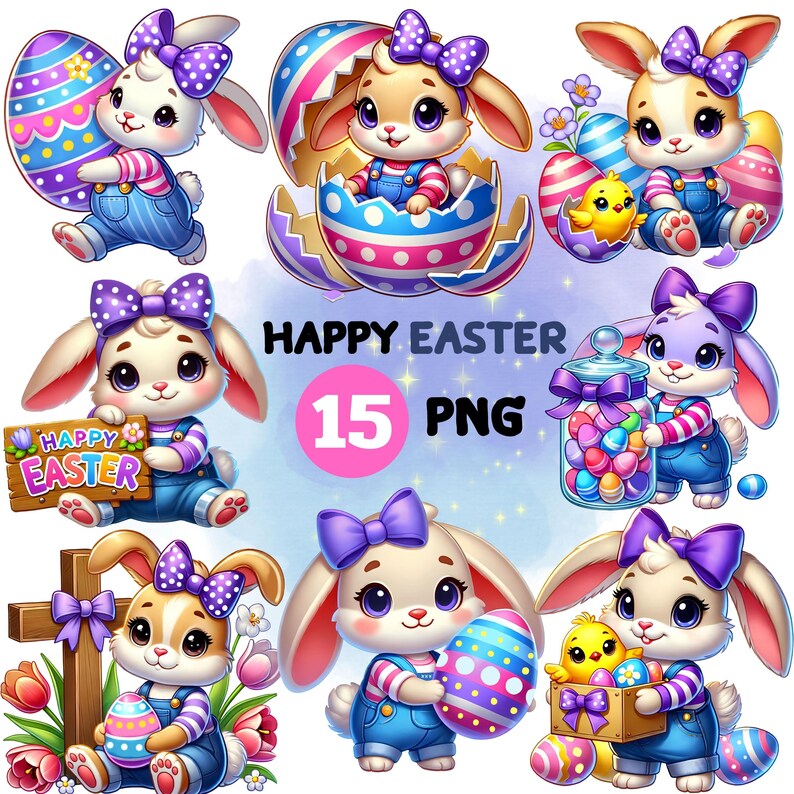 Easter Bunny Clipart Set, 15 Fantasy Rabbit Purple and Pink Vibrant ...