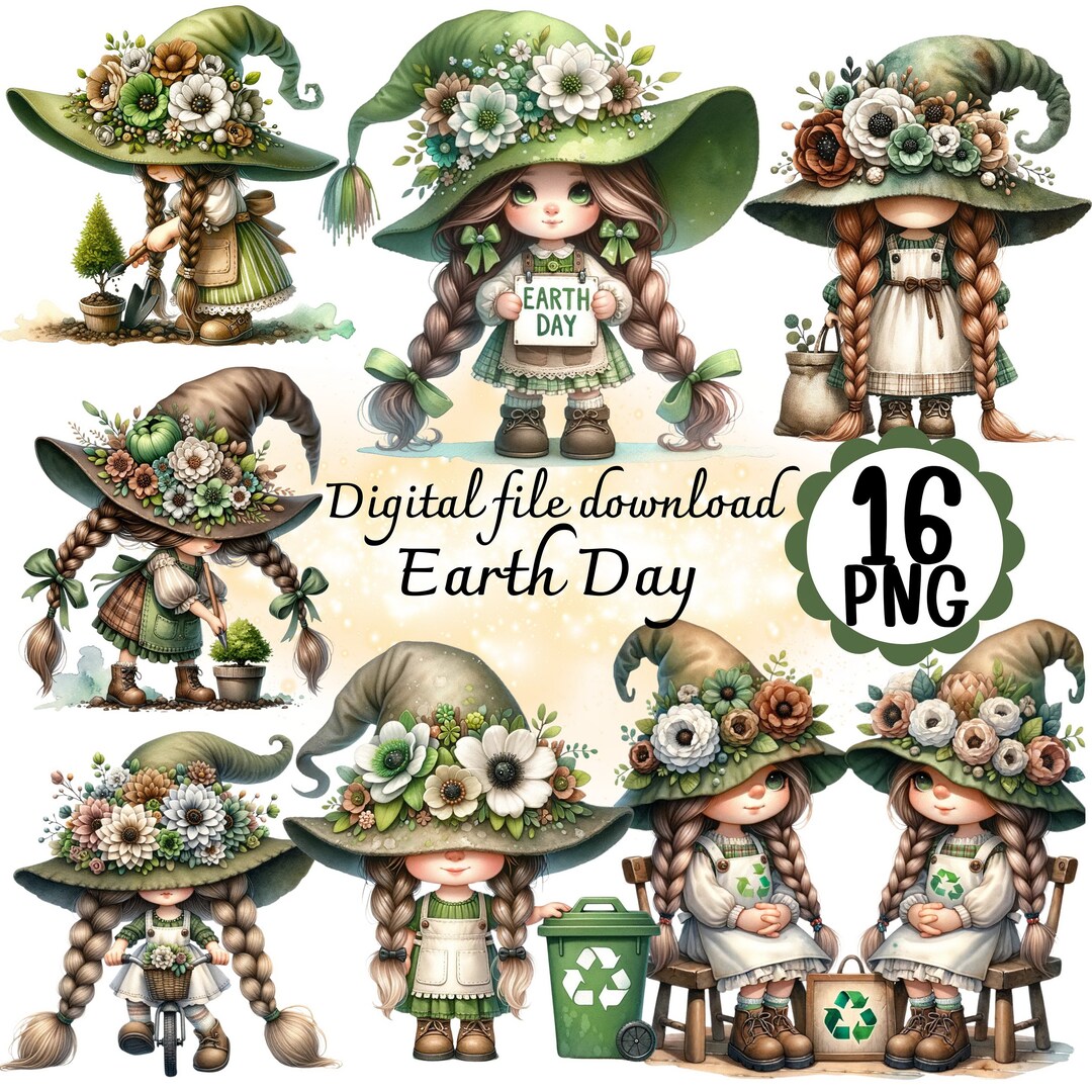 Earth Day Gnome Clipart 16 PNG File Digital Download Cute Girl in Earth ...
