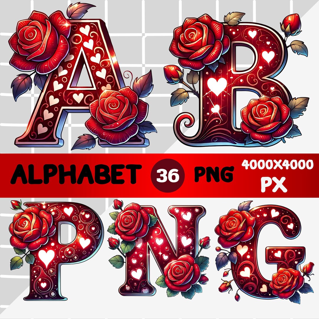 Alphabet A-Z & Numbers 0-9 PNG ,red Glitter ,rose Decorated Letters and ...