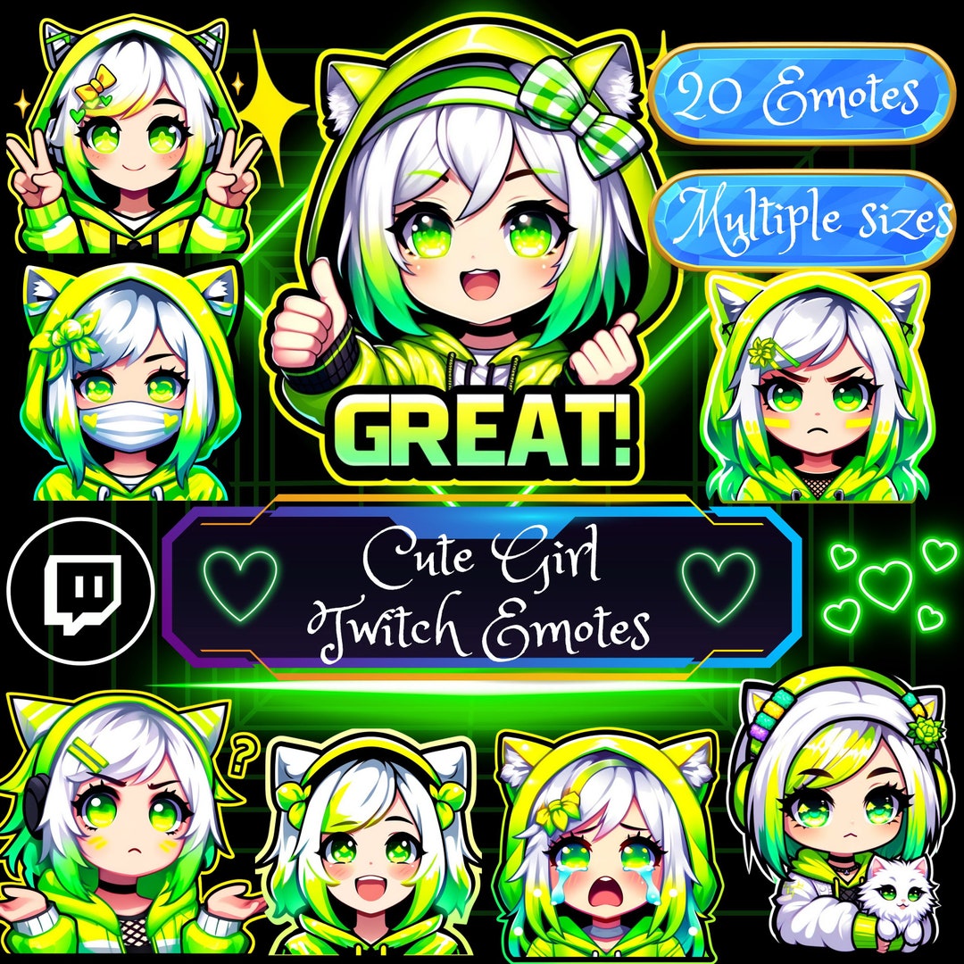 Twitch Emotes Cute Green Neon Girl 20 Emotes Pack Multiple Size . - Etsy