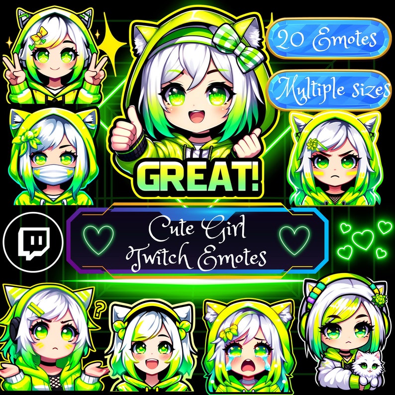 Twitch Emotes Cute Green Neon Girl 20 Emotes Pack Multiple Size . - Etsy