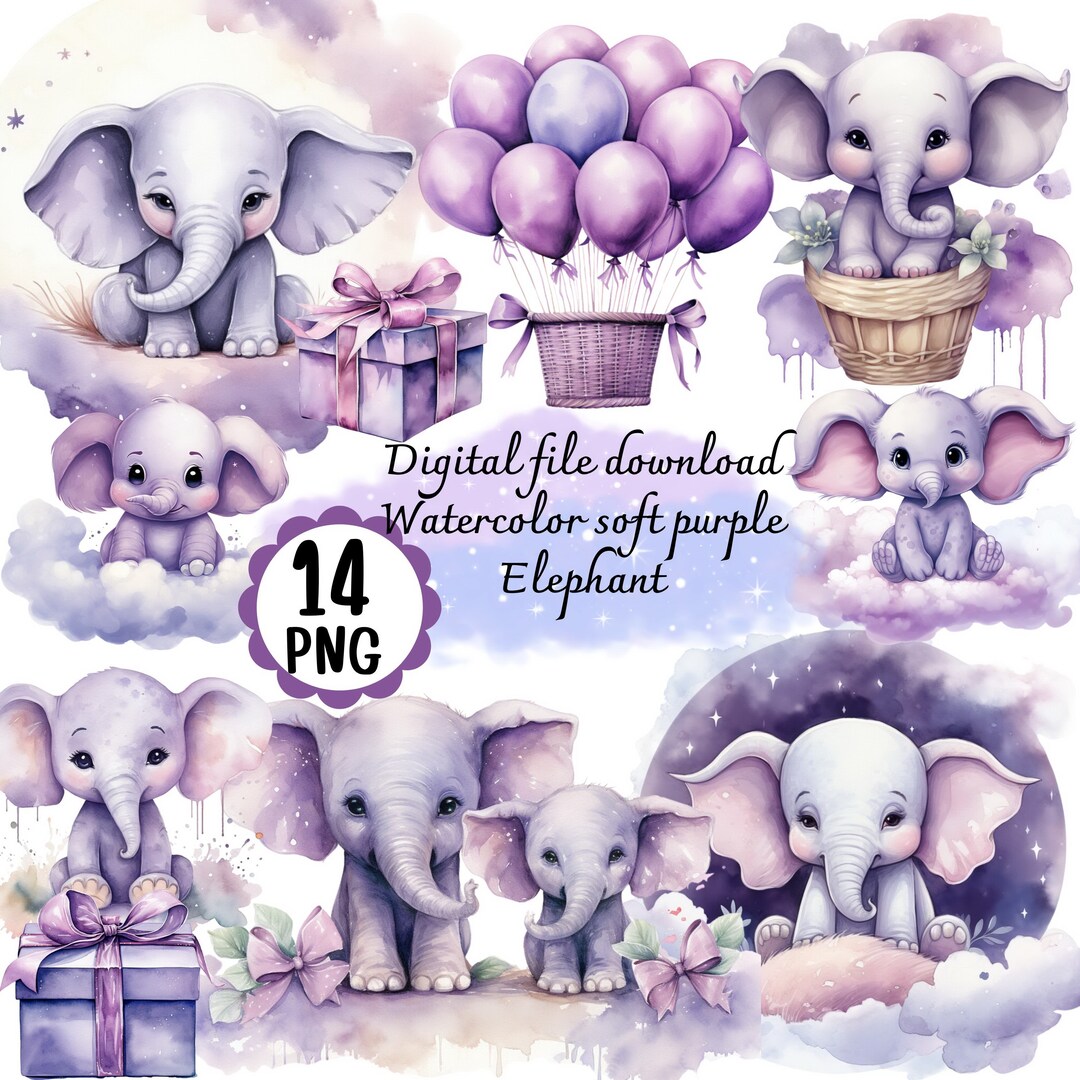 Watercolor Elephant Clipart Purple Elephant Digital File Download - Etsy