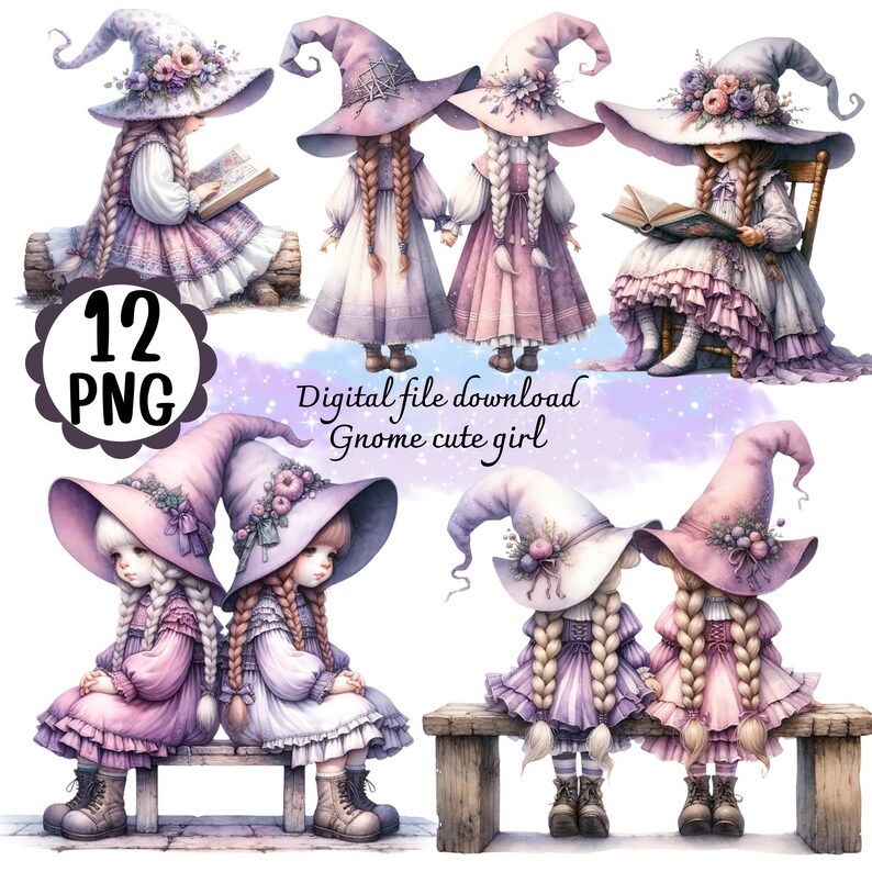 Gnome Clipart 12 PNG File Digital Download Cute Girl Watercolor. - Etsy