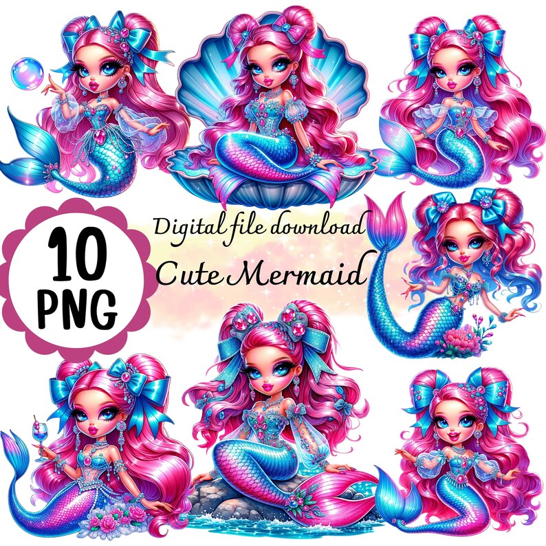 Mermaid Clipart 10 PNG File Digital Download A Dazzling Pink Sparkle ...