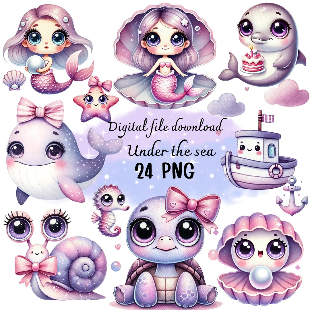 Sea Animal and Mermaid Clipart 24 PNG File Digital Download Watercolor ...