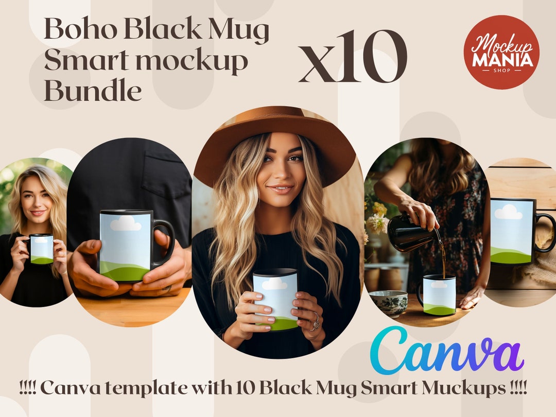 Canva Boho Black Mug Smart Mockup Bundle 10 Mockups Black Coffee Mug ...