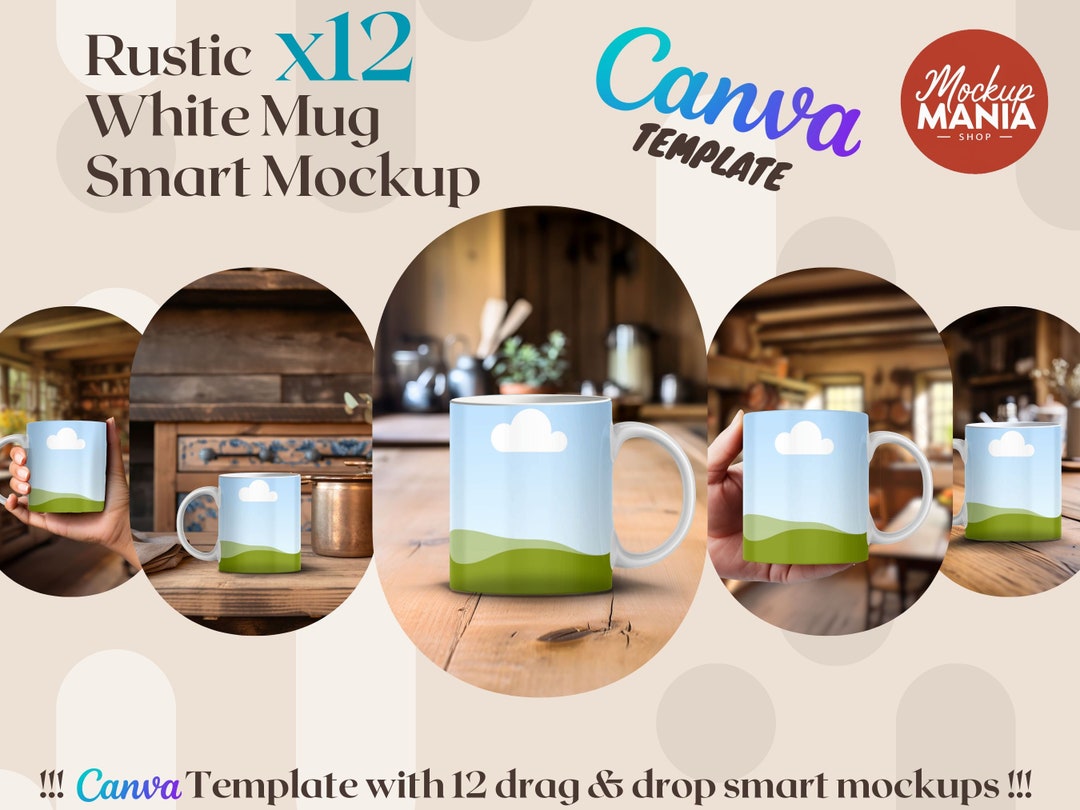 Rustic White Mug Mockup Bundle Canva Template Smart Mockup Drag & Drop ...