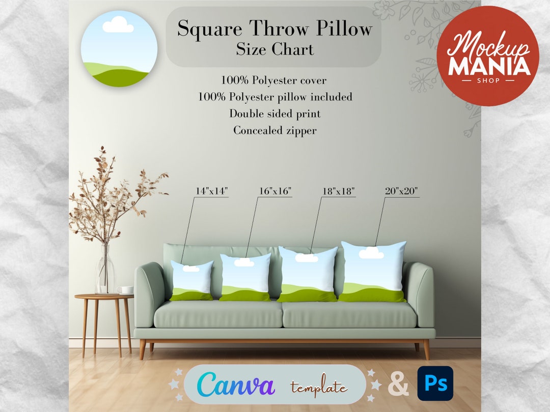 Pillow Mockup Size Chart Throw Pillow Canva Template Drag and Drop ...