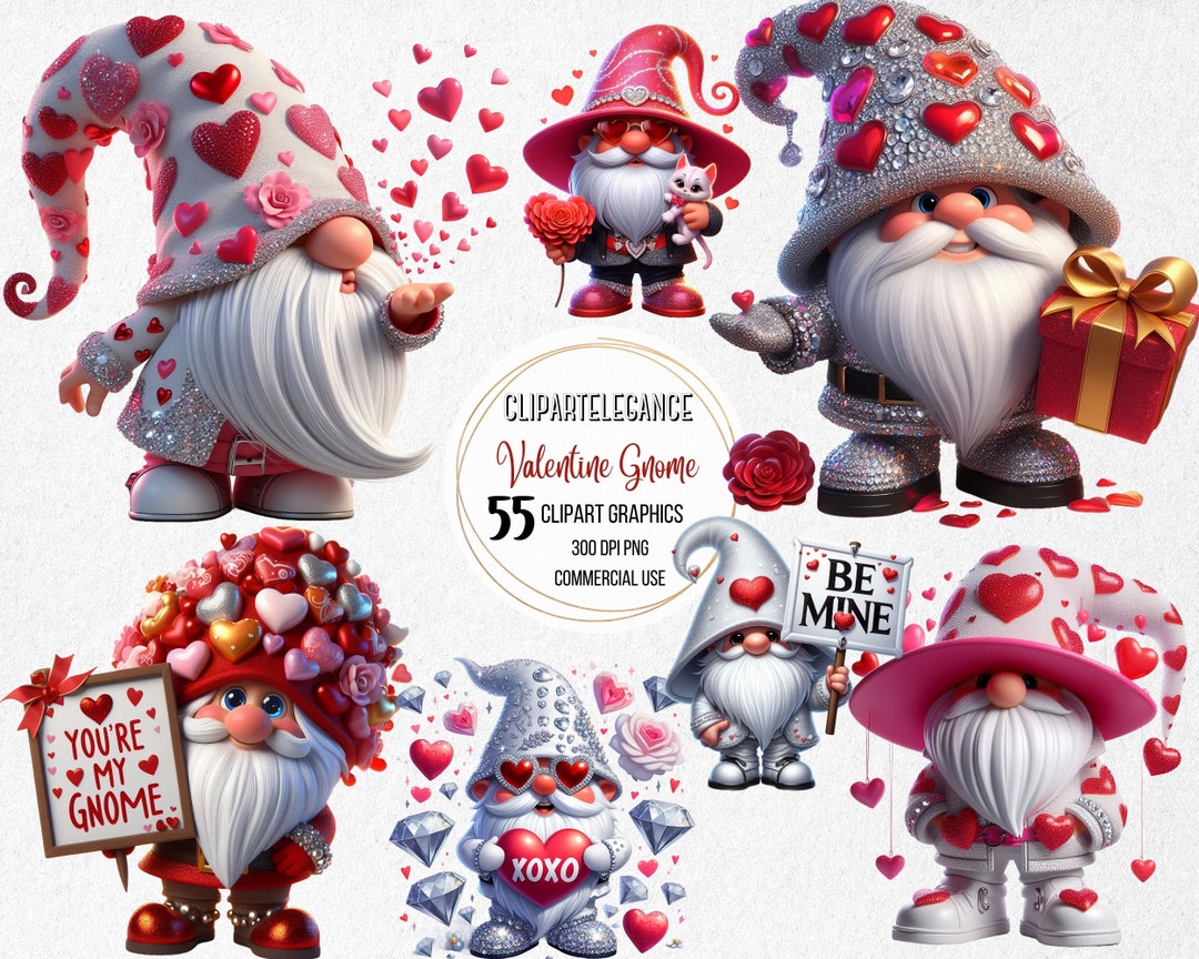 Watercolor Valentines Gnomes Clipart, 55 PNG Festive Gnomes Clipart ...