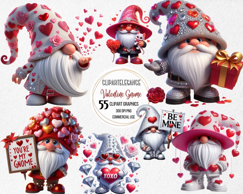 Watercolor Valentines Gnomes Clipart, 55 PNG Festive Gnomes Clipart ...
