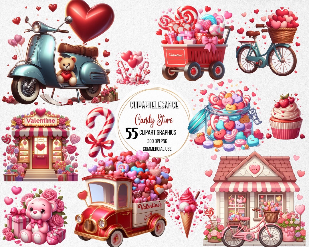 Watercolor Cute Valentines Candy Shop Clipart, 55 PNG Valentines Day ...