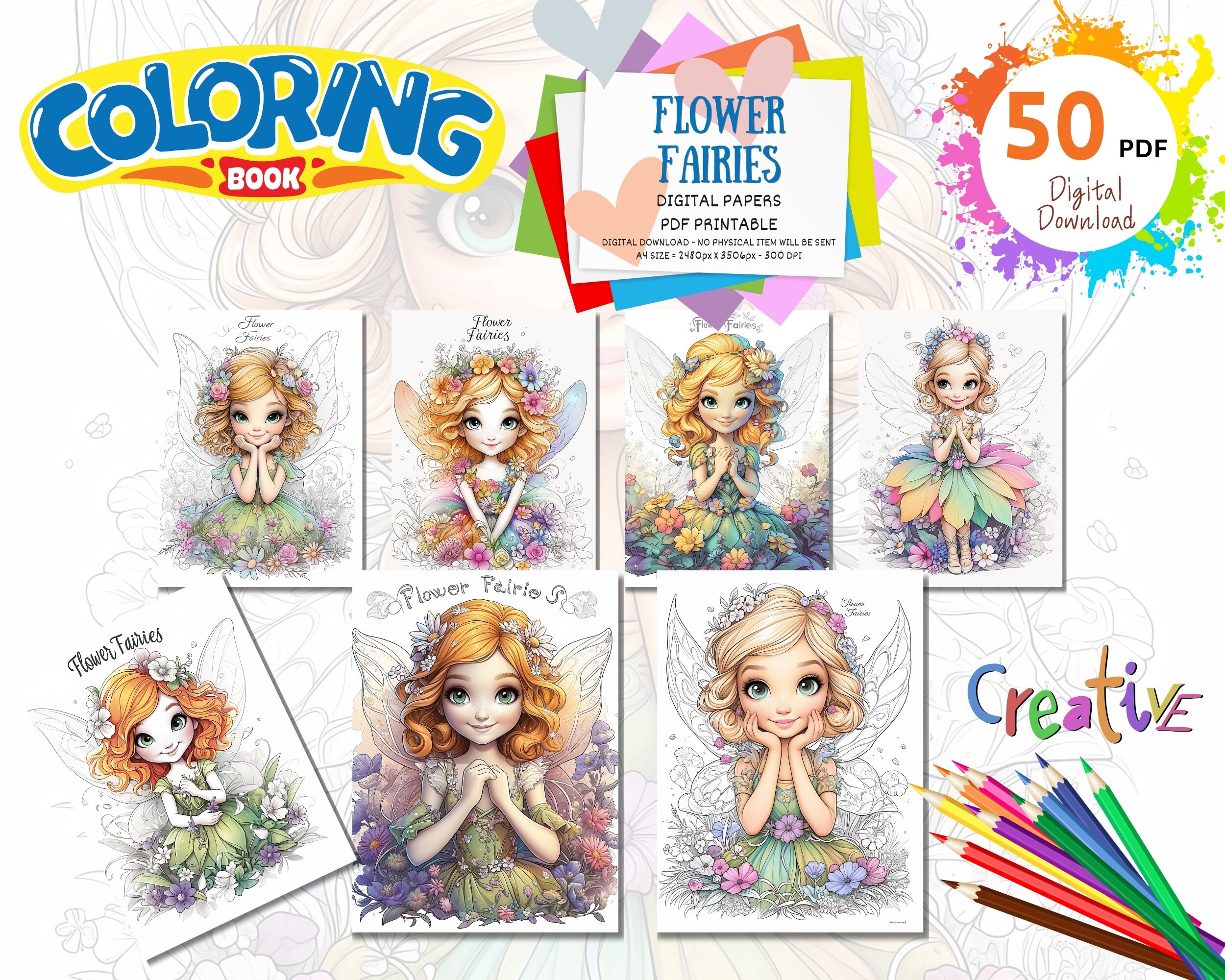 FLOWER FAIRY 50 Coloring Pages, Coloring Book for Adults and Kids ...