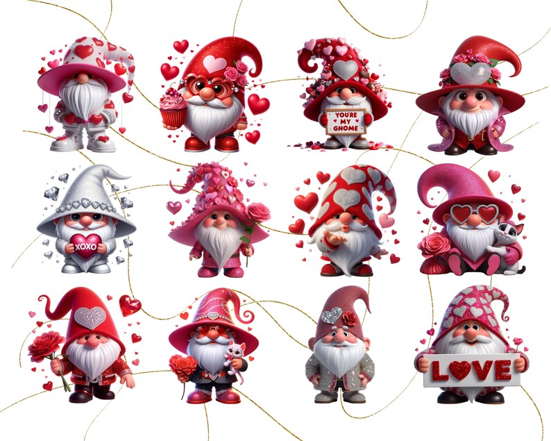 Watercolor Valentines Gnomes Clipart, 55 PNG Festive Gnomes Clipart ...