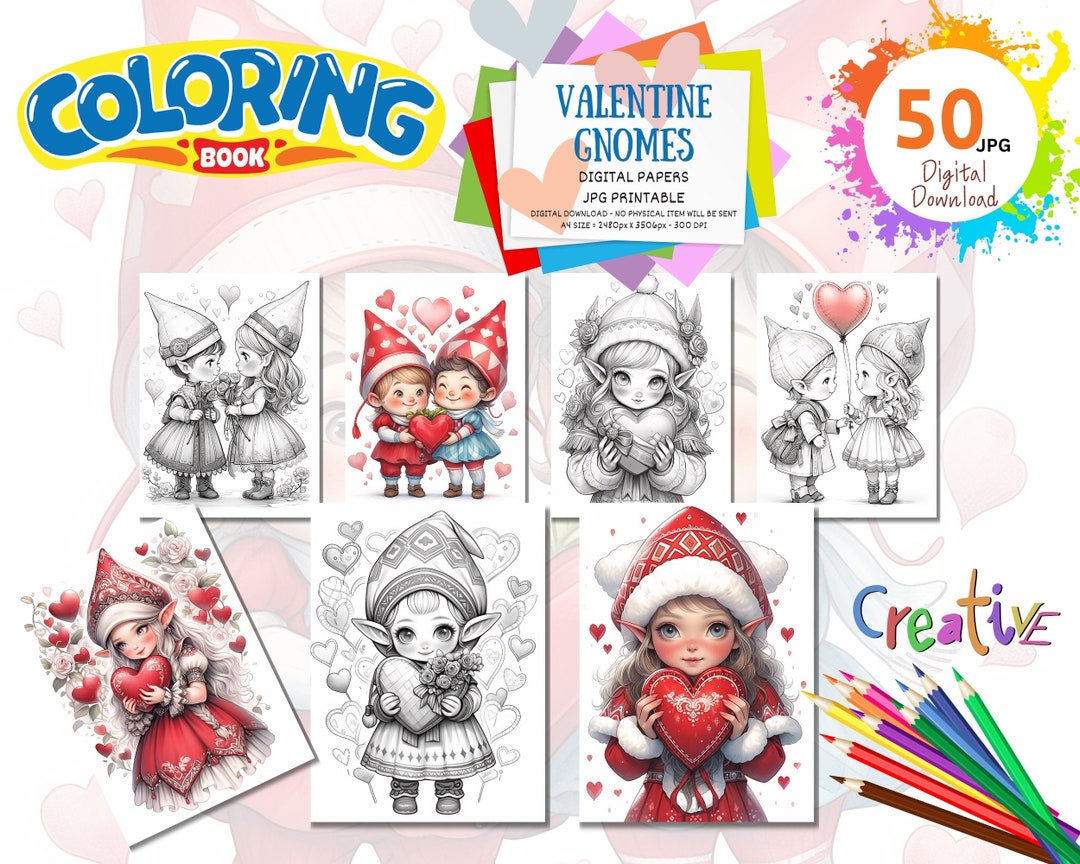 VALENTINE GNOMES Coloring Book, 50 Coloring Pages for Adults and Kids ...