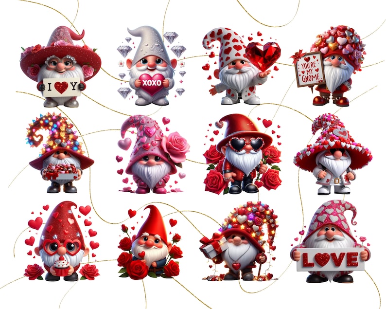 Watercolor Valentines Gnomes Clipart, 55 PNG Festive Gnomes Clipart ...