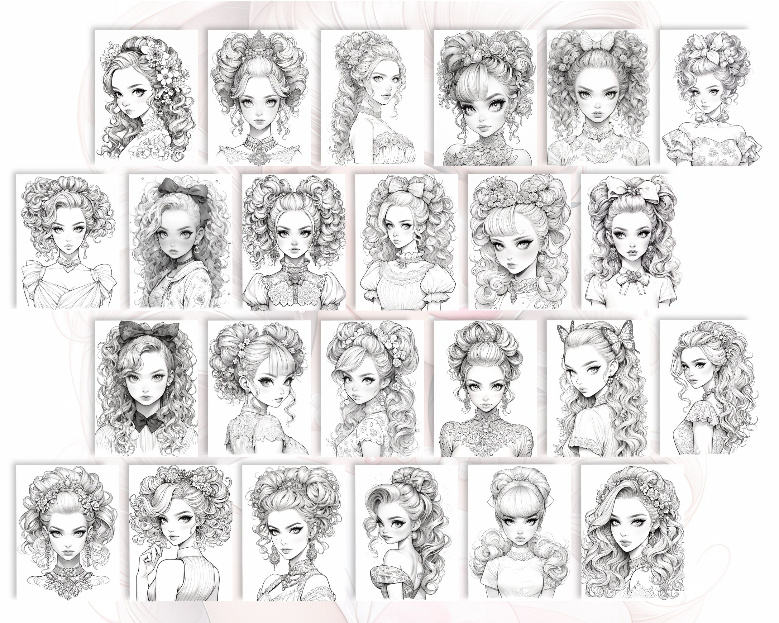 PIN UP Hairstyles - 40 Coloring Pages, Coloring Book for Adults and ...