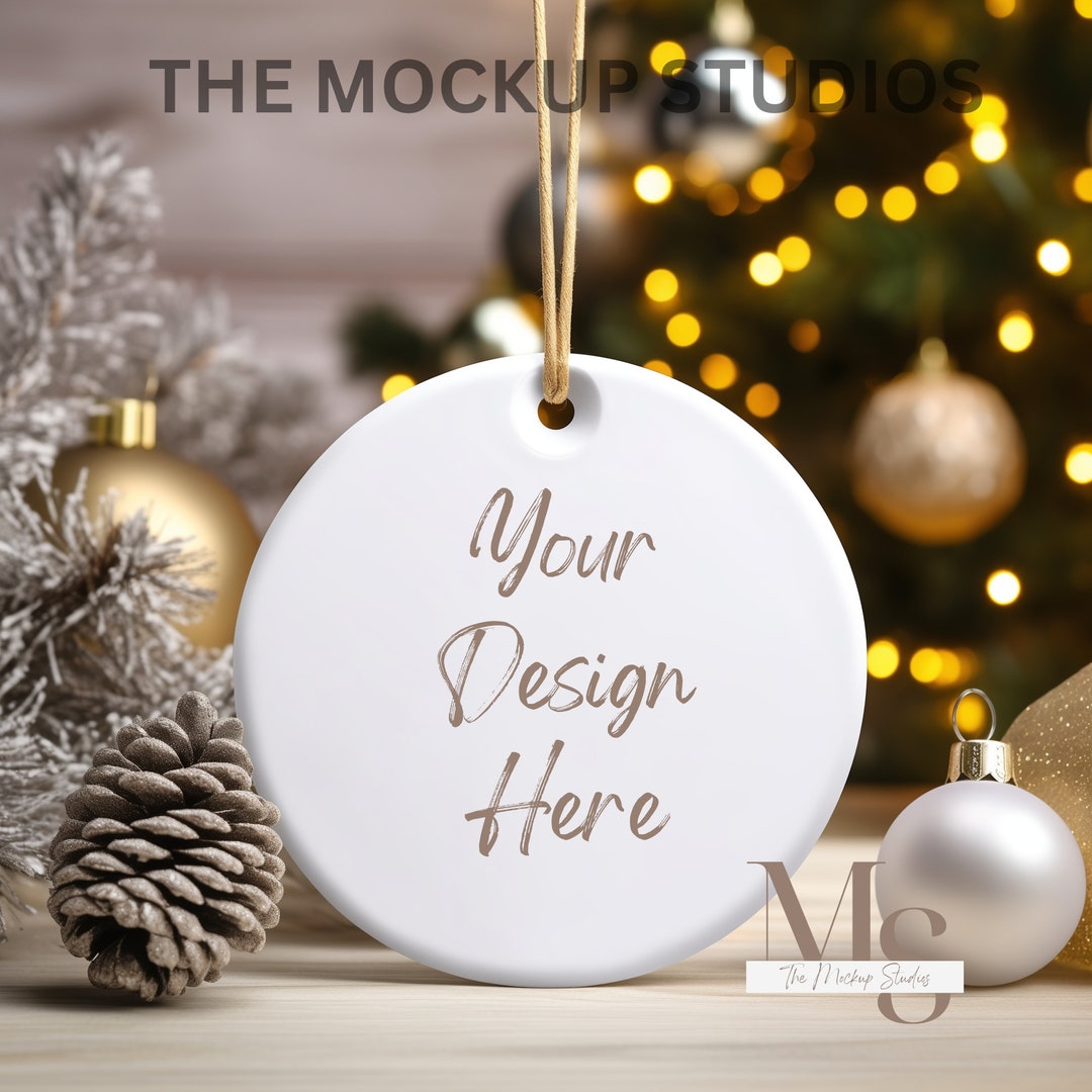 Christmas Mockup Blank White Round Ceramic Christmas Ornament Mockup ...