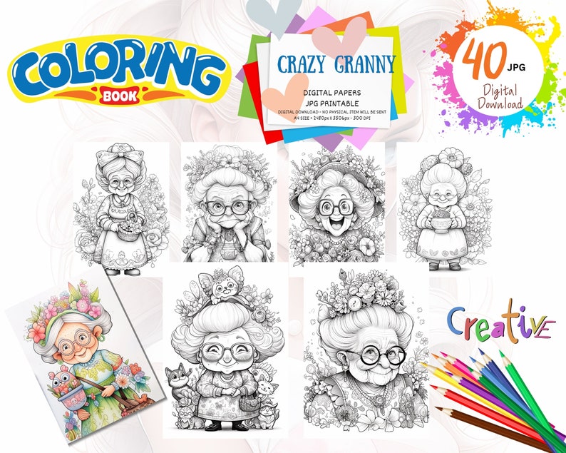 CRAZY GRANNY 40 Coloring Pages, Coloring Book for Adults and Kids ...