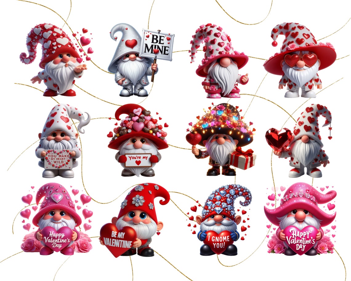 Watercolor Valentines Gnomes Clipart, 55 PNG Festive Gnomes Clipart ...