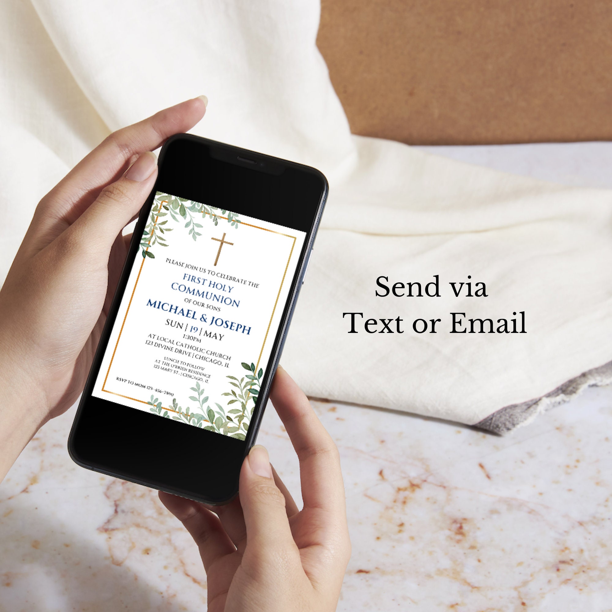 First Holy Communion Invitation Greenery Blue and Gold Twin Boy 1st ...