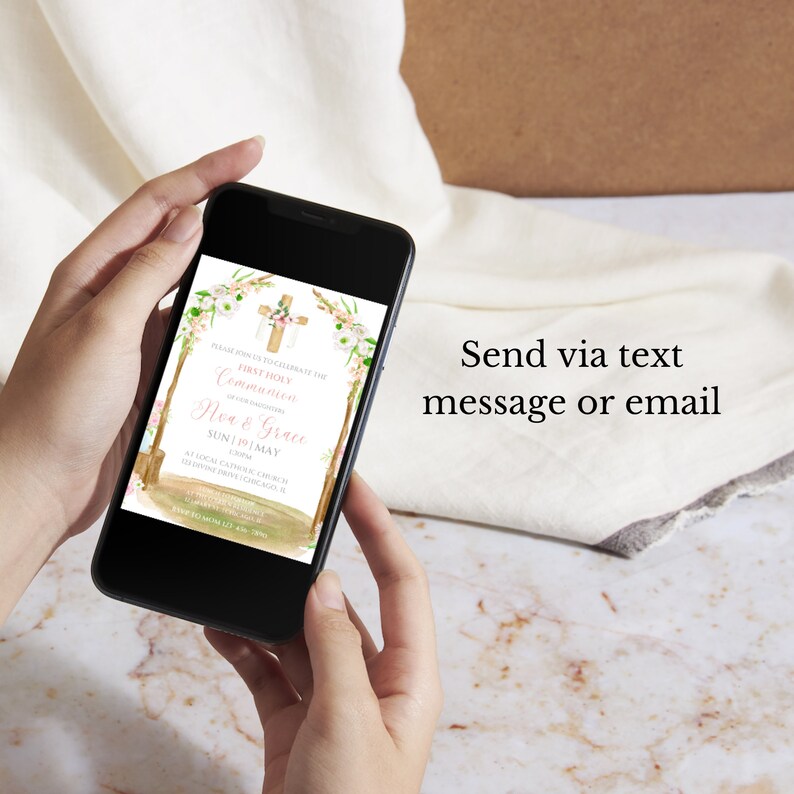 First Holy Communion Invitation Pink Spring Floral Arch Twin Girl 1st ...