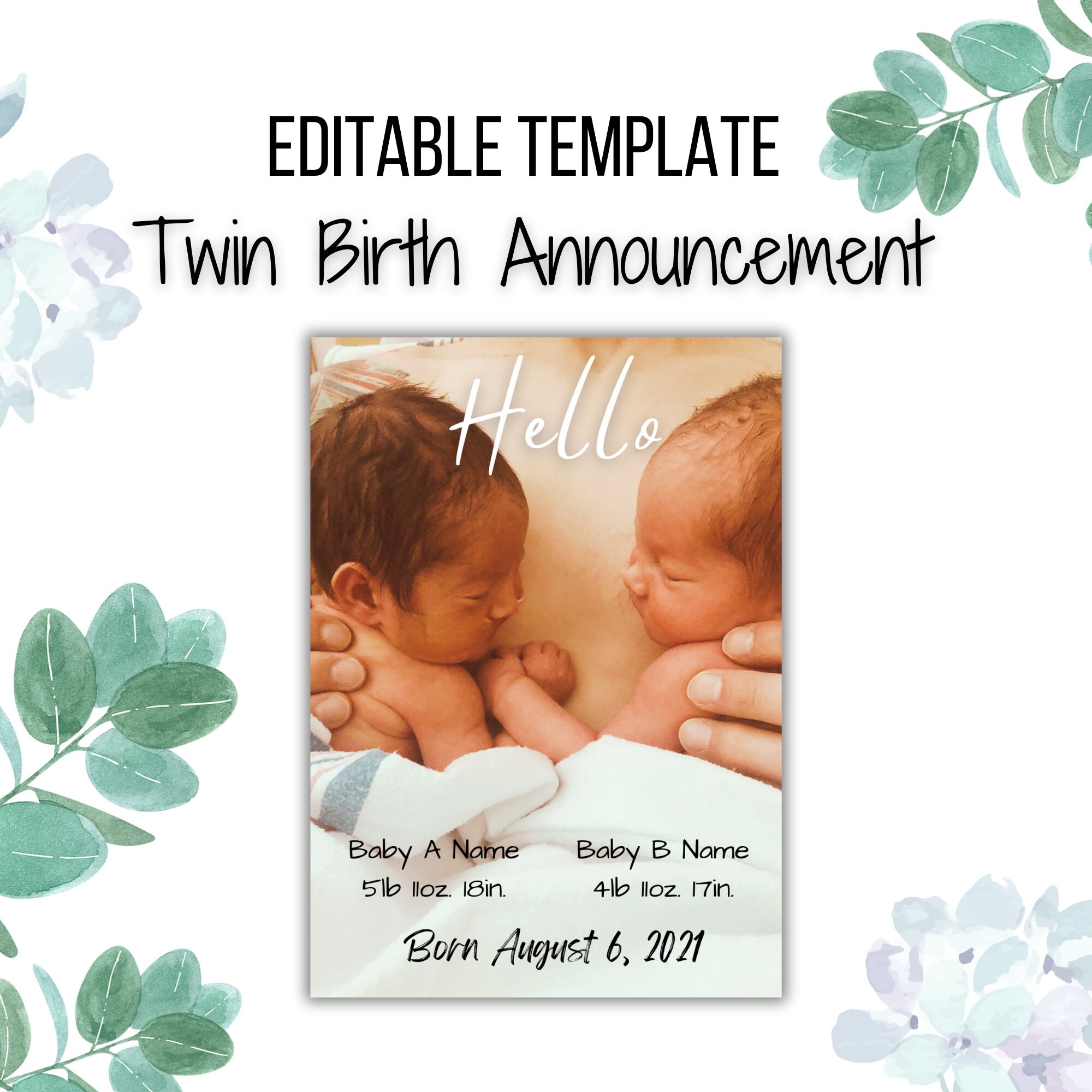 Editable, Birth Announcement, Twin Birth Announcement, Digital Download ...