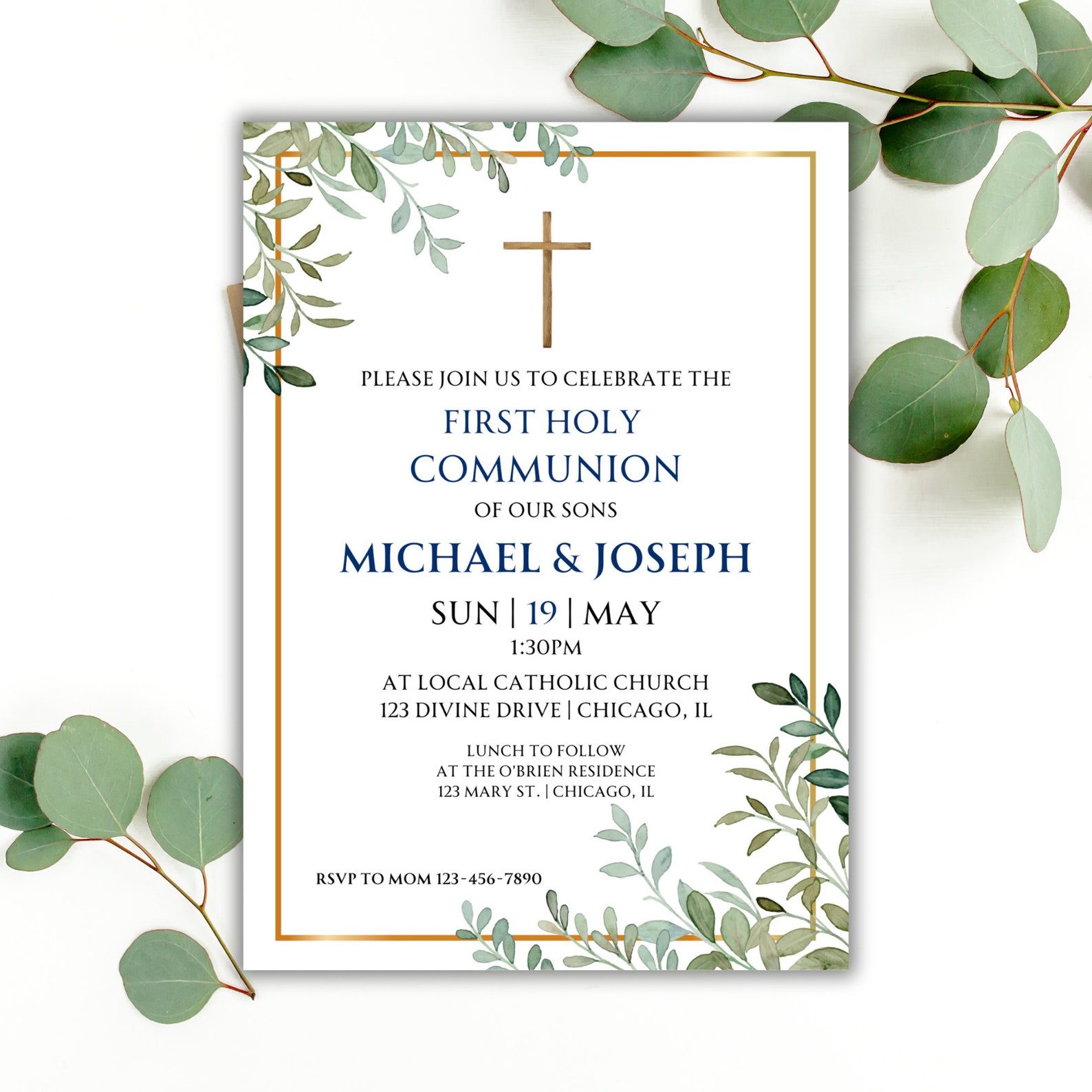 First Holy Communion Invitation Greenery Blue and Gold Twin Boy 1st ...