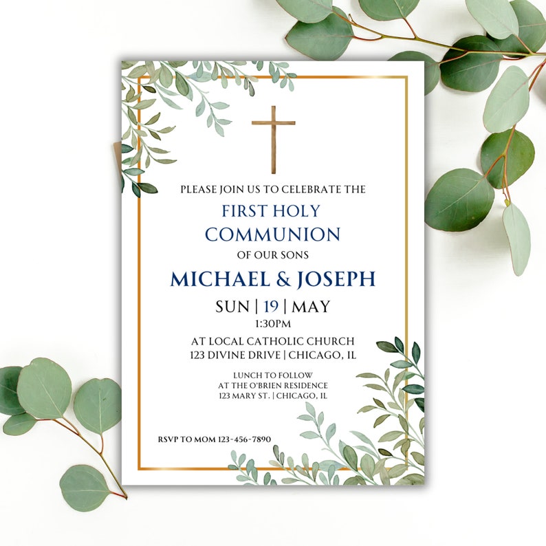 First Holy Communion Invitation Greenery Blue and Gold Twin Boy 1st ...