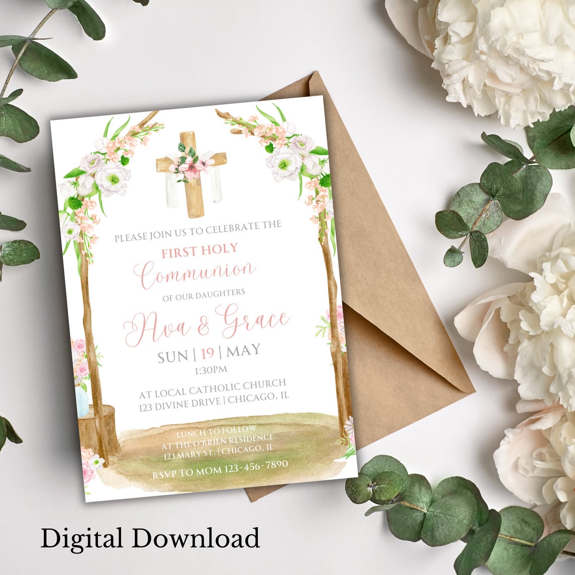 First Holy Communion Invitation Pink Spring Floral Arch Twin Girl 1st ...