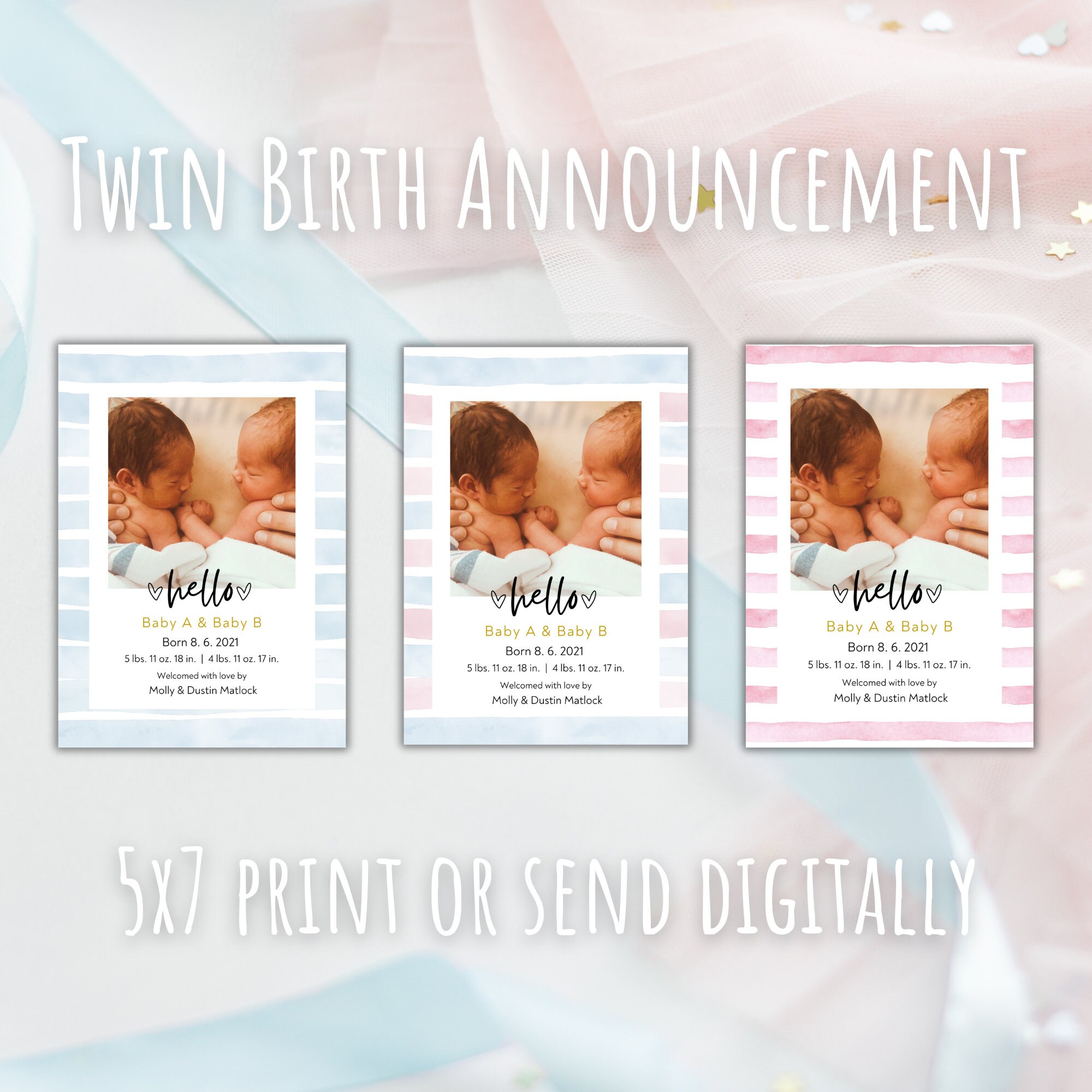 Custom, 5x7 Print/mobile Birth Announcement, Twin Birth Announcement ...