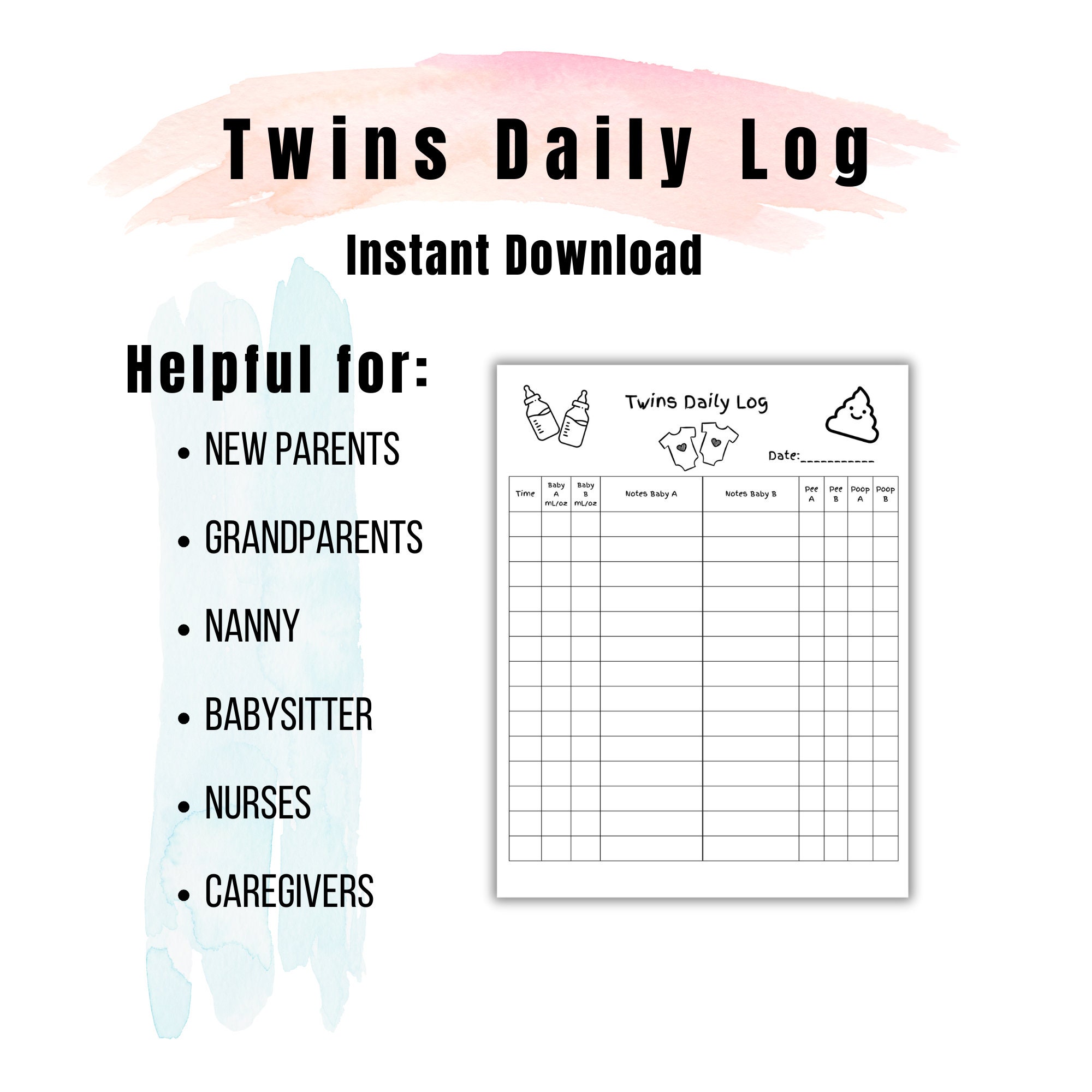Printable Twins Daily Log | Twin Feeding Log | Twin Parents ...