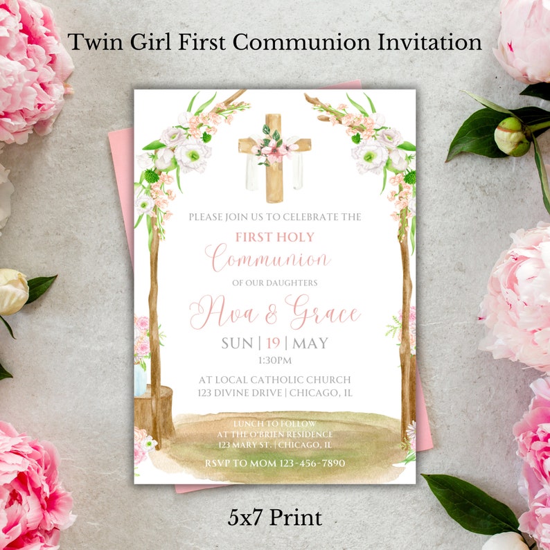 First Holy Communion Invitation Pink Spring Floral Arch Twin Girl 1st ...