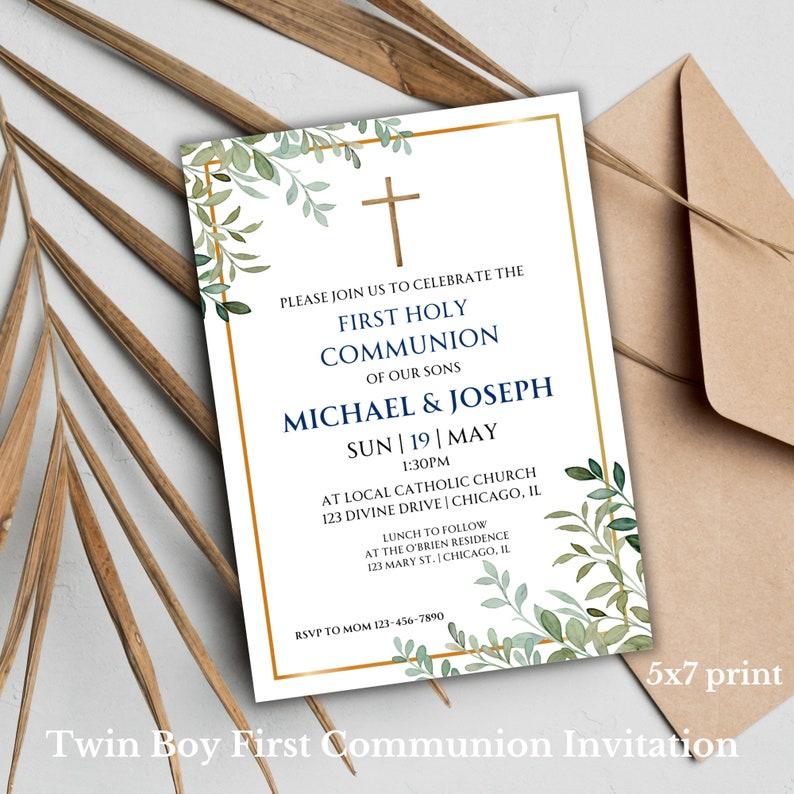 First Holy Communion Invitation Greenery Blue and Gold Twin Boy 1st ...