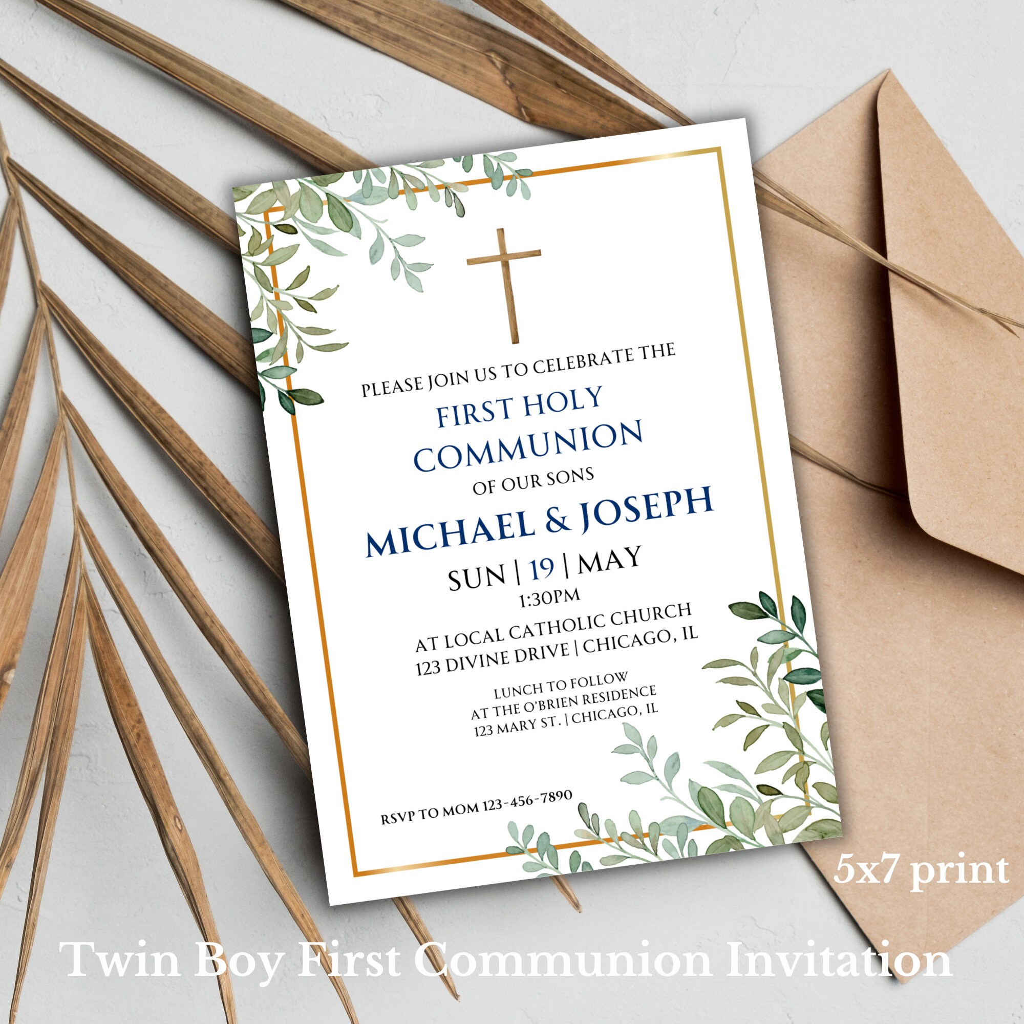 First Holy Communion Invitation Greenery Blue and Gold Twin Boy 1st ...
