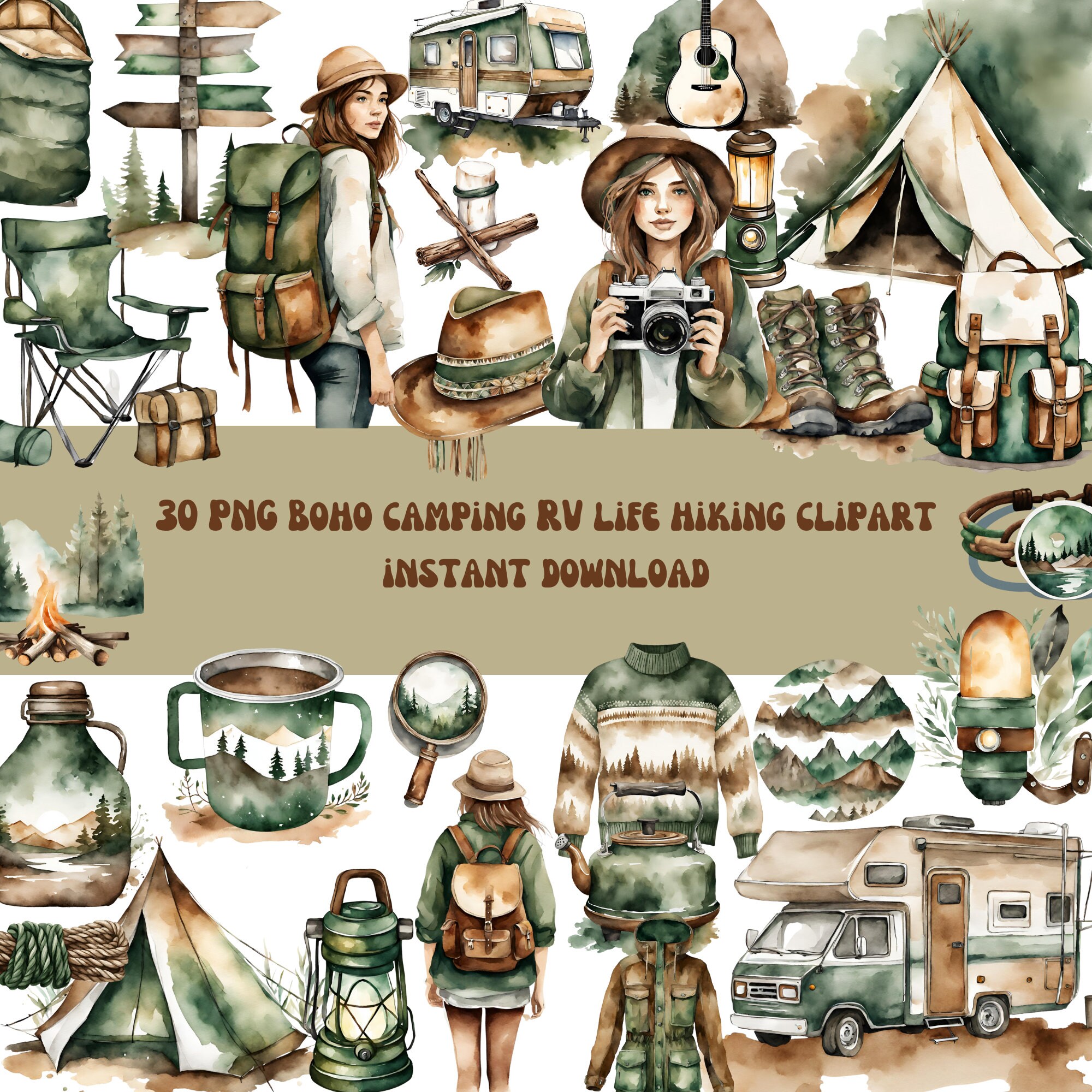 Boho Camping, Clipart Bundle, Boho Watercolor, Girls Illustration PNG ...