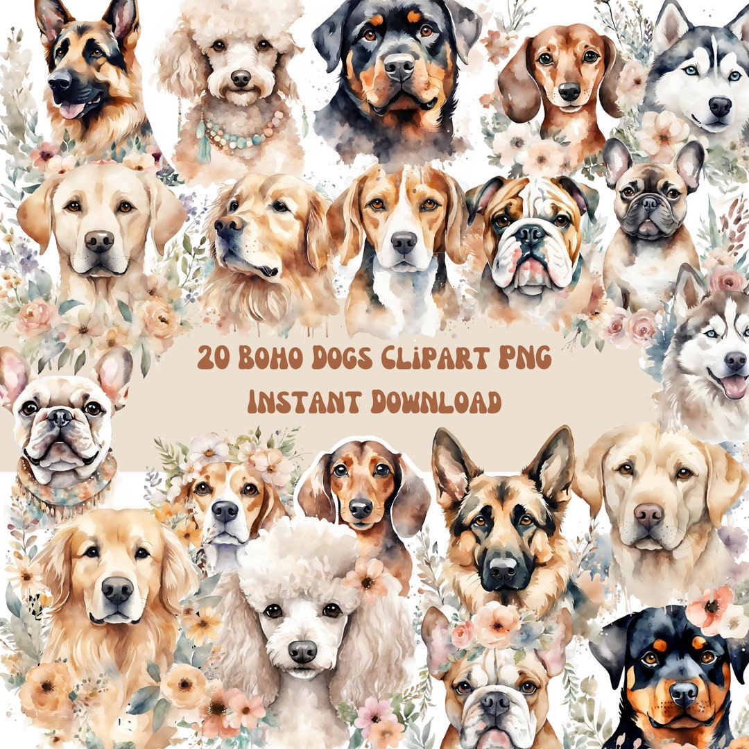 Boho Dogs, Clipart Bundle, Boho Watercolor, Dog Illustration PNG ...
