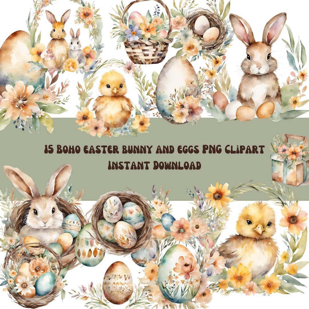 Easter Egg Bunny Chick Clipart Bundle Boho Watercolor Illustration PNG ...
