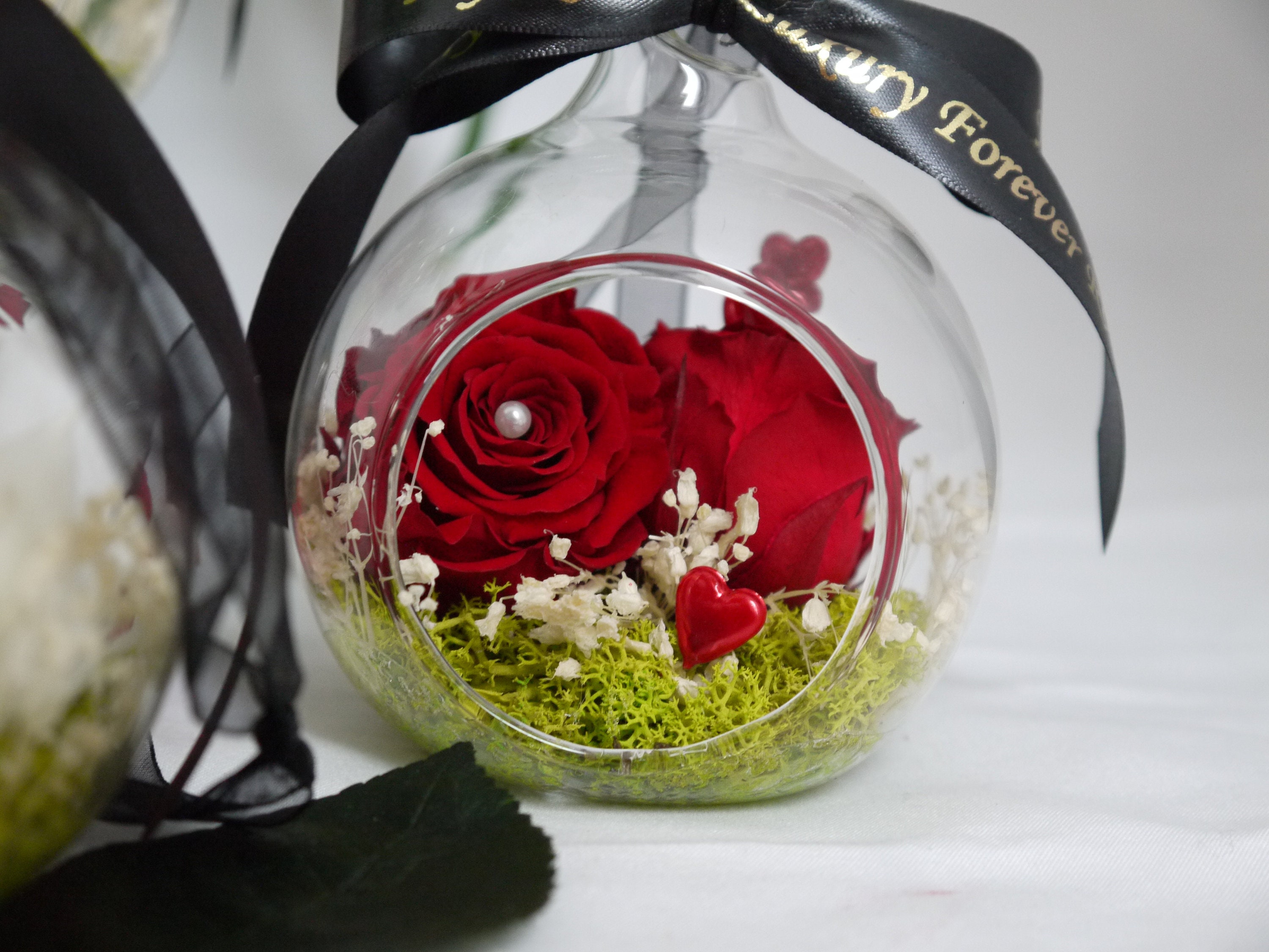 Real Red Rose Double Eternal Rose in Glass Ball With Heart ...
