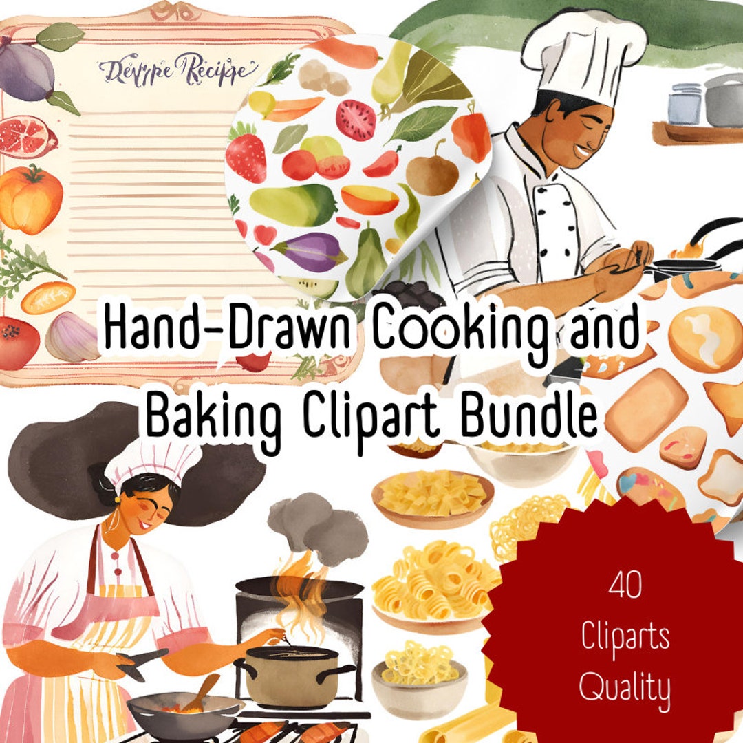 40 Hand-drawn Cooking and Baking Clipart Bundle Recipe Cards, Kitchen ...