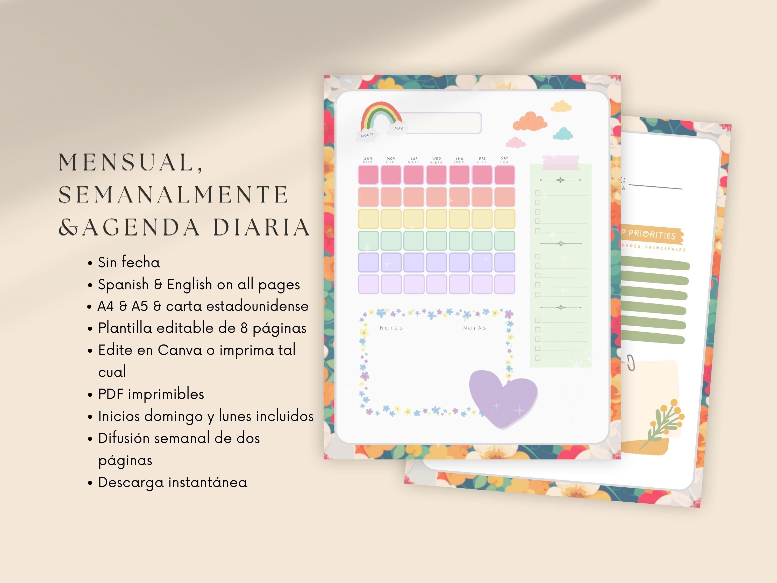 Spanish & English Digital Planner | Cute Printable Planner, Monthly ...